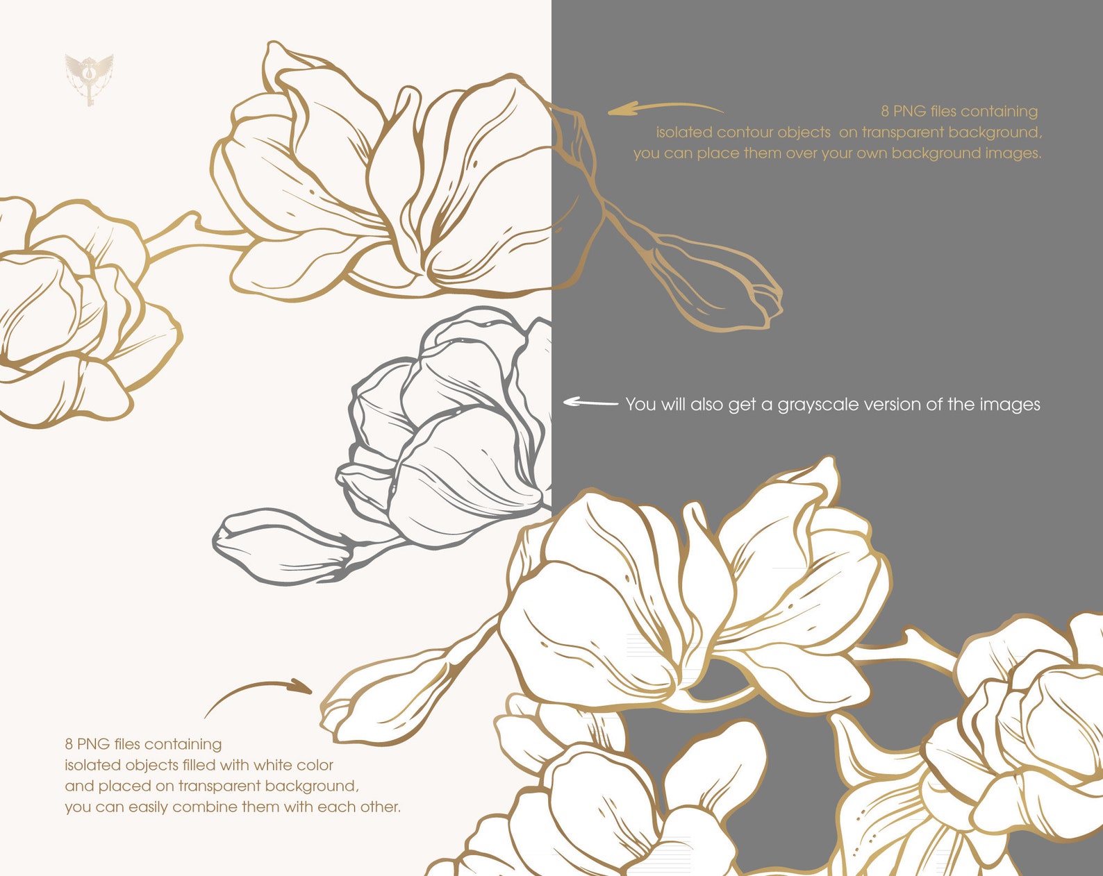 Gold Magnolia Flower Clipart. Floral Line Art PNG Clipart. - Etsy