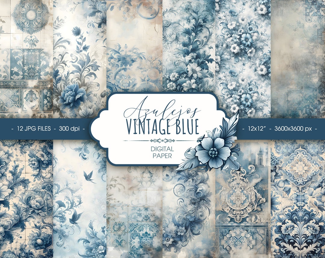 Vintage Blue Digital Paper, Shabby Chic Grunge Ornament Printable ...
