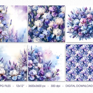Spring Purple Floral Digital Paper, Iris Watercolor Scrapbook Paper ...