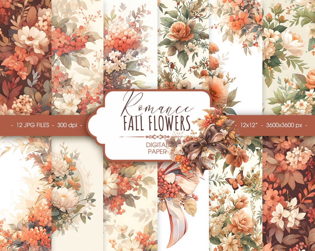 Fall Flowers Digital Paper, Autumn Bouquet Watercolor Scrapbook Paper ...