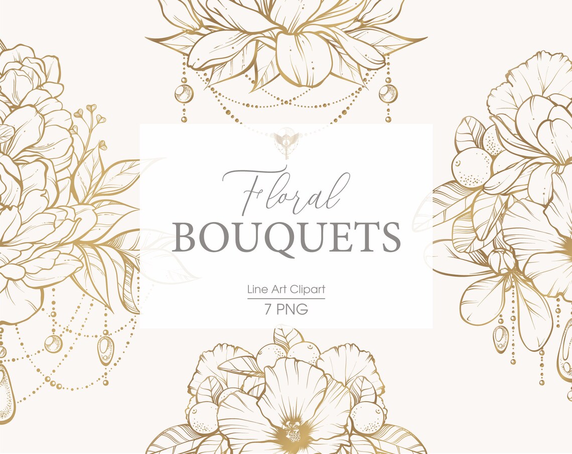 Gold Floral Line Art PNG Clipart Floral Bouquet Illustration - Etsy