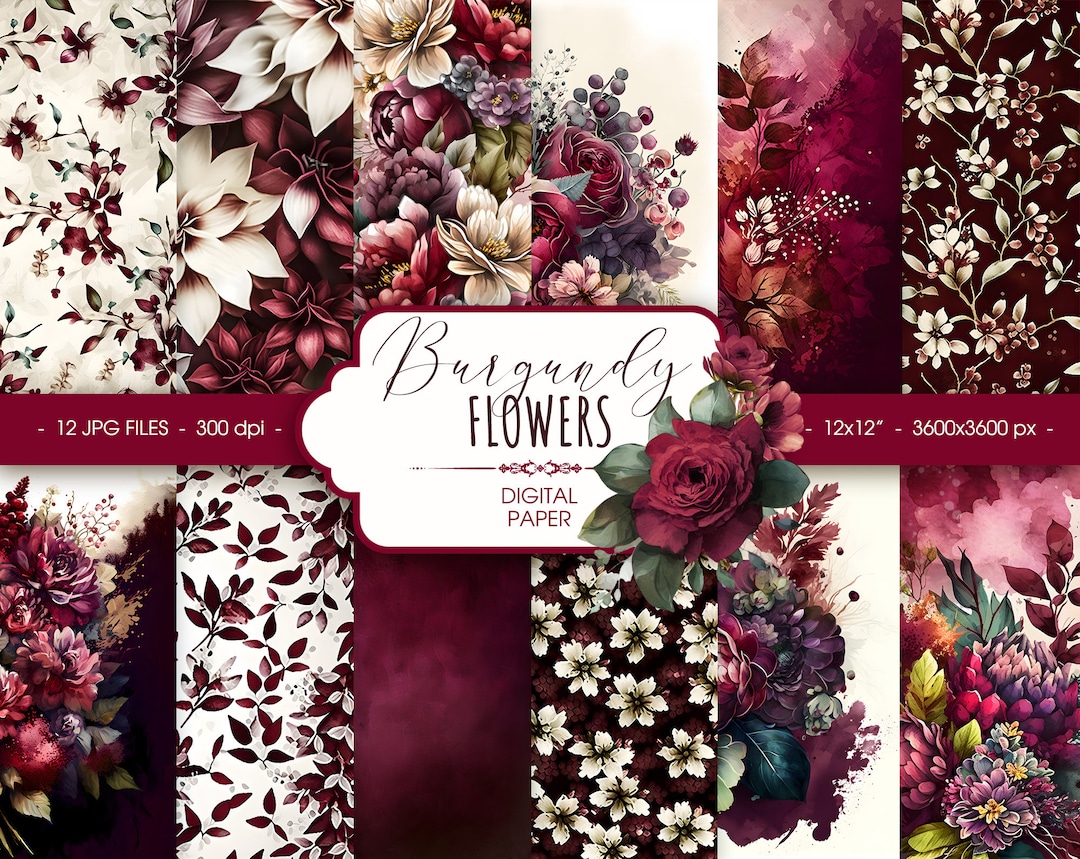 Burgundy Floral Digital Paper, Abstract Burgundy Watercolor Flowers ...