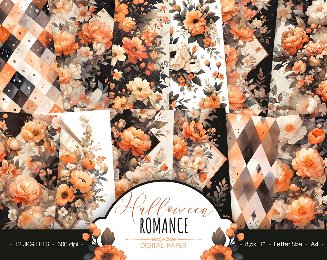 Halloween Floral Digital Paper, Fall Black and Orange Floral Pattern ...