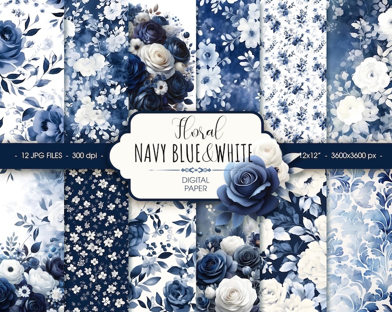 Navy Blue Floral Digital Paper: Watercolor Scrapbook Backgrounds (12x12 ...