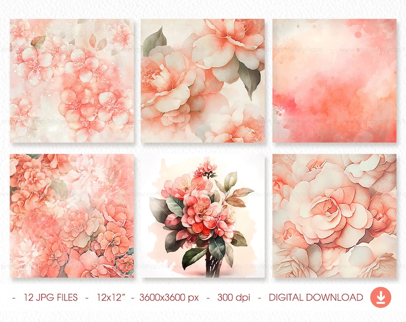 Coral Pink Floral Watercolor Digital Paper, Abstract Pastel Pink ...