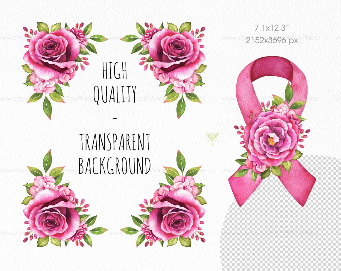 Breast Cancer Ribbon PNG Files. Pink Ribbon With Flower Decor ...