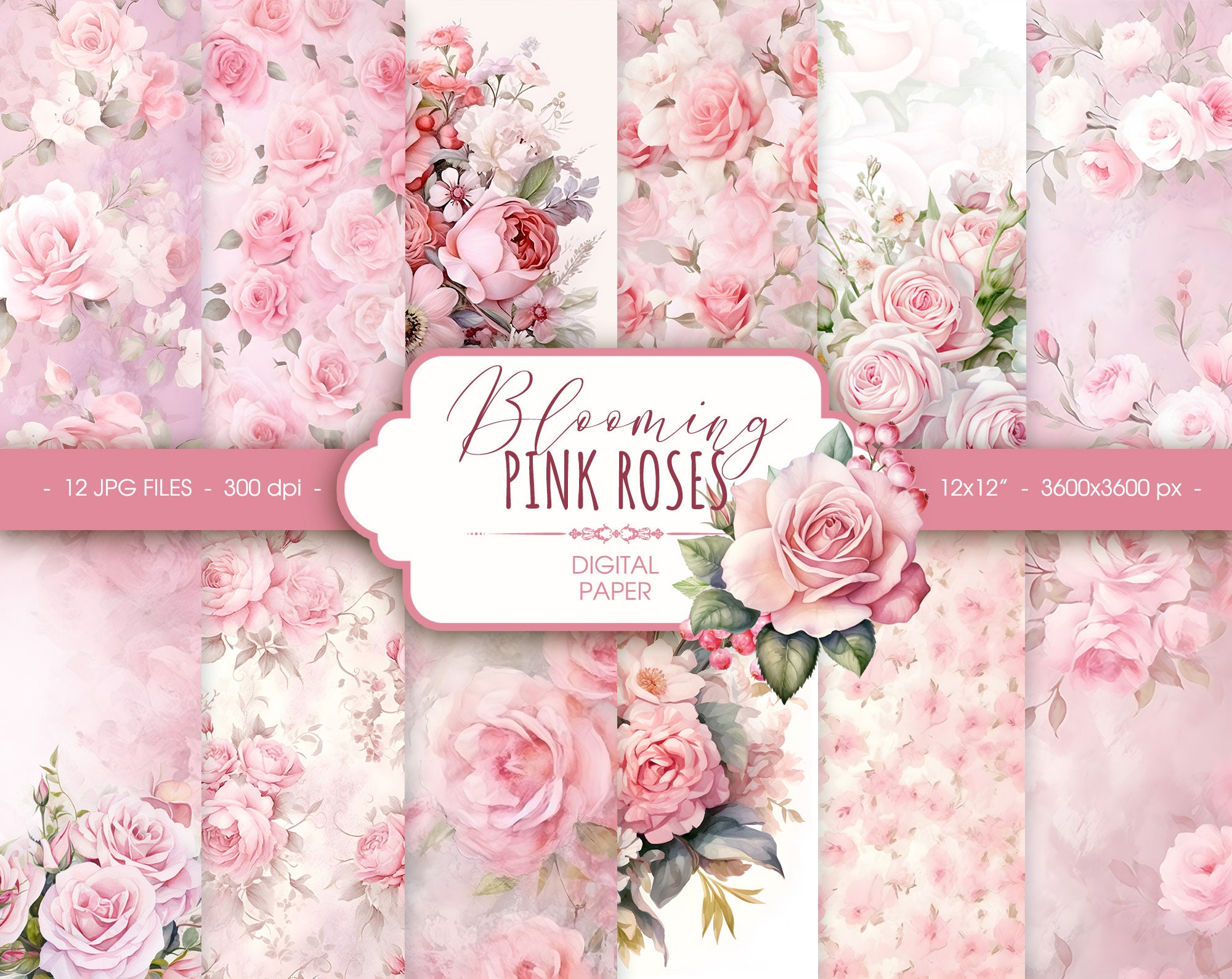 Pastel Pink Floral Digital Paper, Blush Rose Watercolor Scrapbook Paper ...