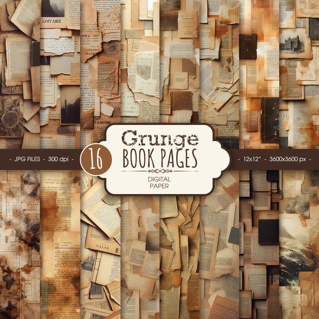Grunge Book Pages Digital Paper, Printable Vintage Scrapbook Paper ...