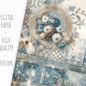 Vintage Blue Digital Paper, Shabby Chic Grunge Ornament Printable ...