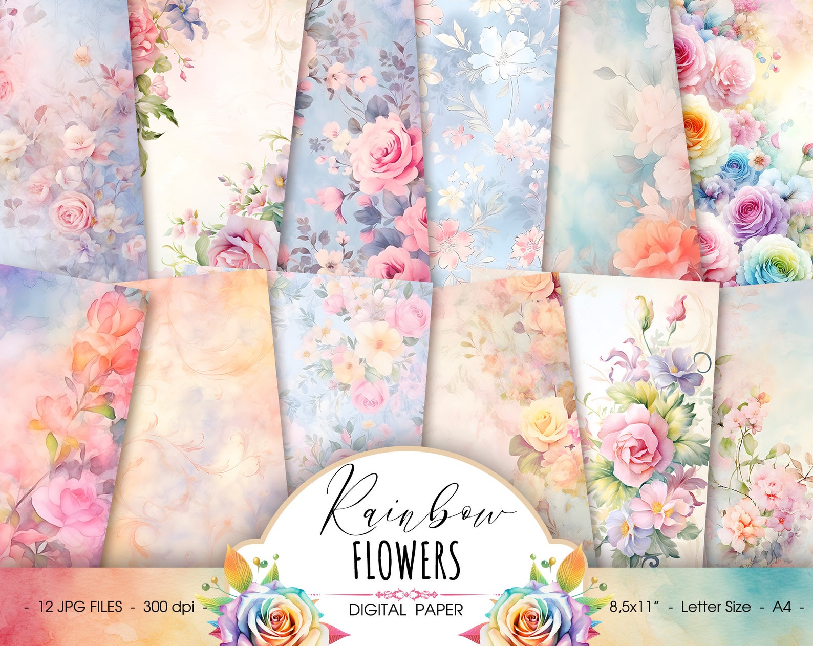 Rainbow Floral Watercolor Scrapbook Paper, Colorful Abstract Flowers ...