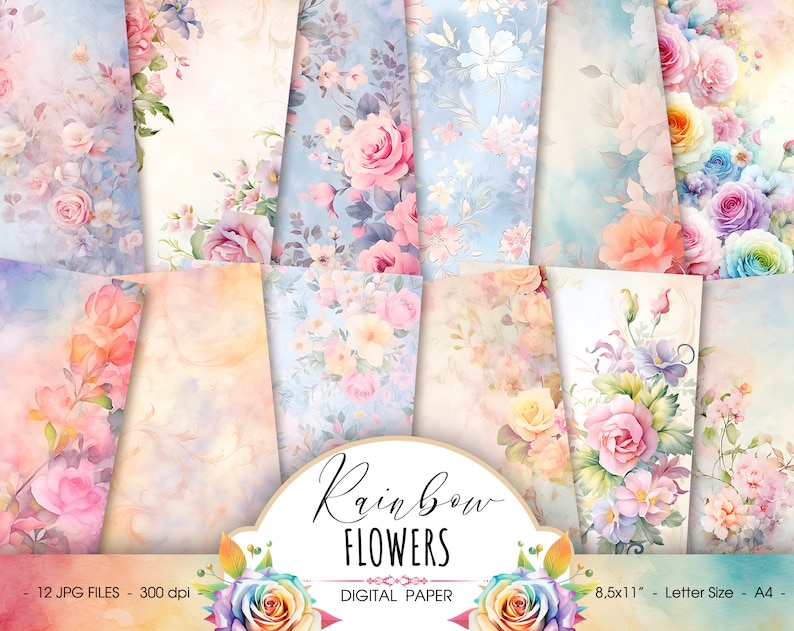 Rainbow Floral Watercolor Scrapbook Paper, Colorful Abstract Flowers ...