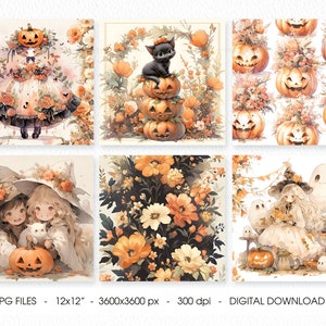 Vintage Halloween Digital Paper, Cute Halloween Watercolor Scrapbook ...