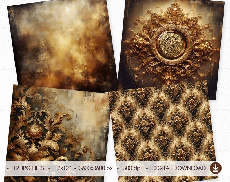 Antique Gold Victorian Digital Paper, Vintage Damask Shabby Chic ...