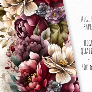 Burgundy Floral Digital Paper, Abstract Burgundy Watercolor Flowers ...