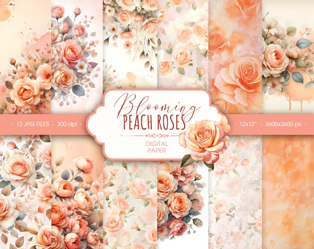 Peach Floral Digital Paper, Abstract Pastel Orange Watercolor Flowers ...