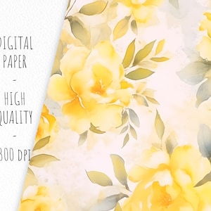 Yellow Floral Digital Paper, Yellow Rose Flowers Watercolor Scrapbook ...