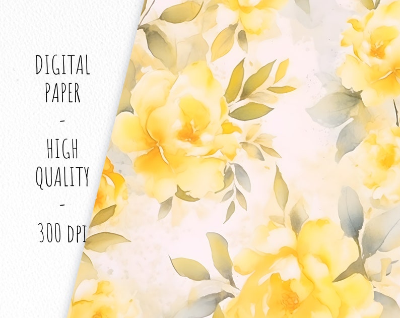 Yellow Floral Digital Paper, Yellow Rose Flowers Watercolor Scrapbook ...