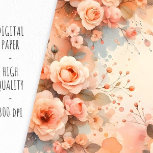 Peach Floral Digital Paper, Abstract Pastel Orange Watercolor Flowers ...