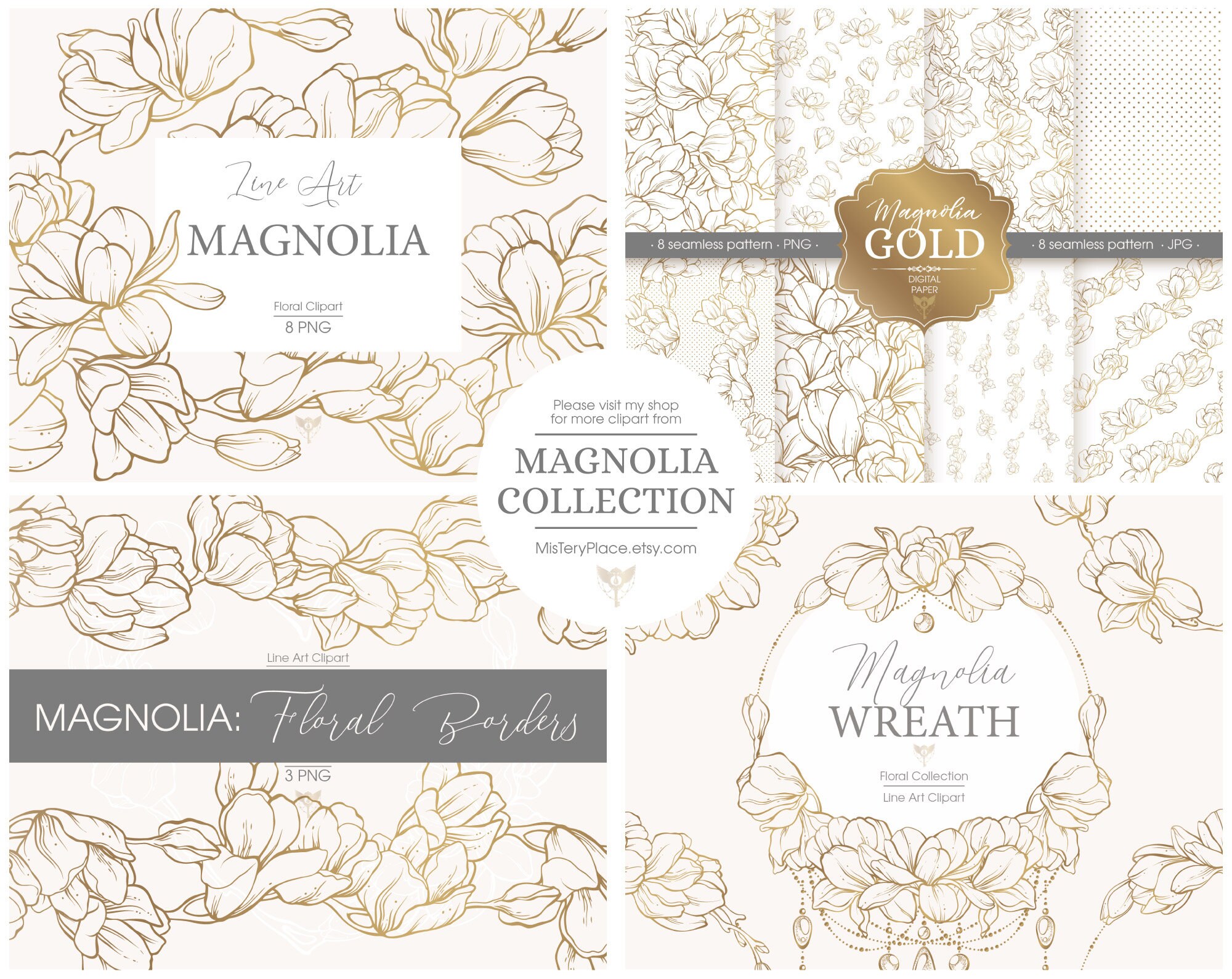 Gold Magnolia Flower Clipart. Floral Line Art PNG Clipart. - Etsy