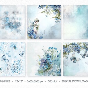 Dusty Blue Floral Watercolor Digital Paper, Abstract Blue Forget Me Not ...