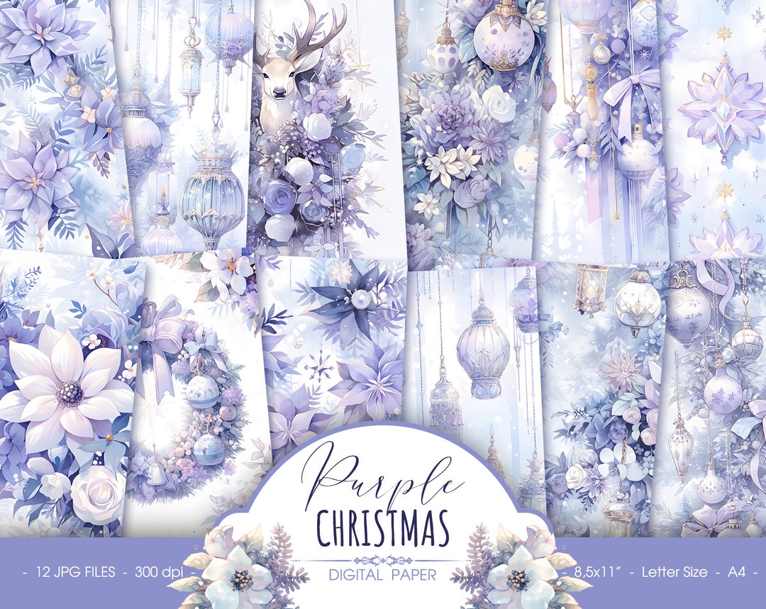 Christmas Pastel Purple Digital Paper, Winter Floral Scrapbook Paper ...