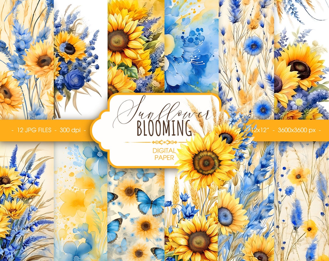 Sunflower Digital Paper, Yellow and Blue Floral Cottagecore Watercolor ...
