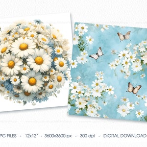 Daisy Floral Digital Paper, Abstract Watercolor Daisies Flowers ...