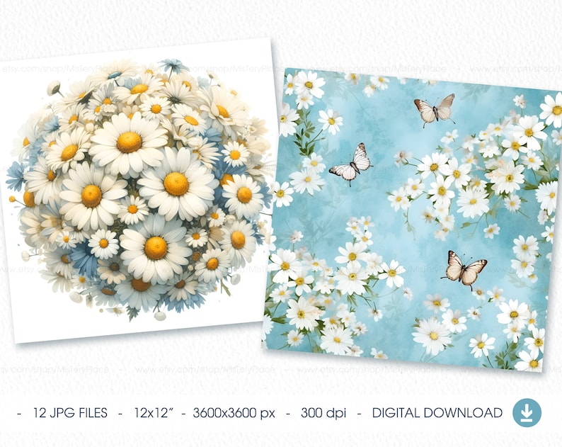 Daisy Floral Digital Paper, Abstract Watercolor Daisies Flowers ...