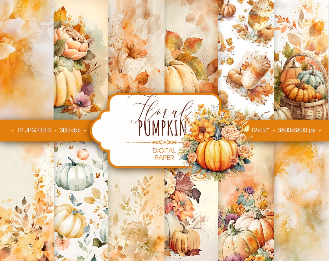 Pumpkin Fall Bouquet Digital Paper, Abstract Floral Autumn Watercolor ...