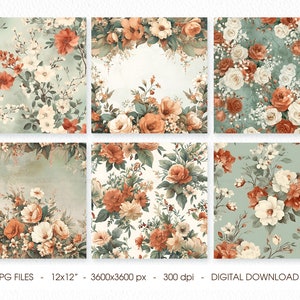 Terracotta and Sage Green Floral Watercolor Digital Paper, Rust Fall ...