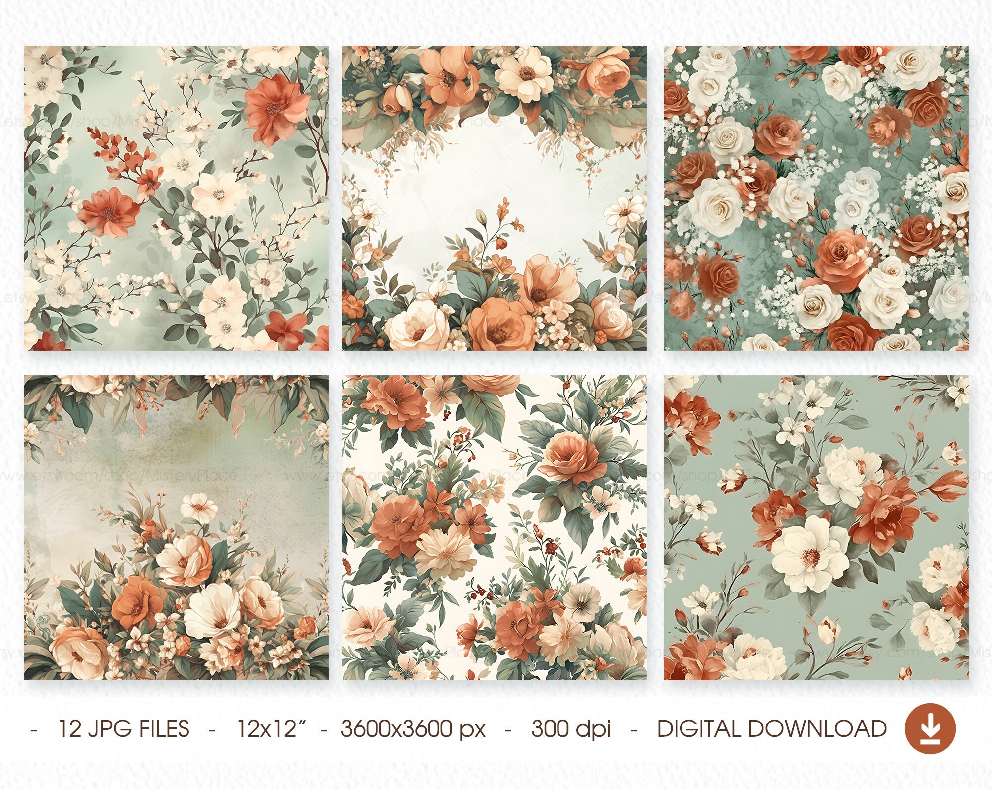 Terracotta and Sage Green Floral Watercolor Digital Paper, Rust Fall ...