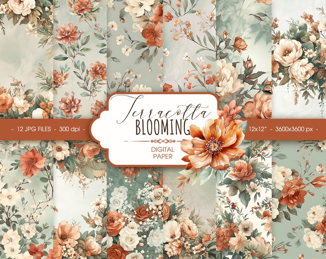 Terracotta and Sage Green Floral Watercolor Digital Paper, Rust Fall ...