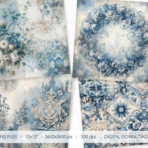 Vintage Blue Digital Paper, Shabby Chic Grunge Ornament Printable ...