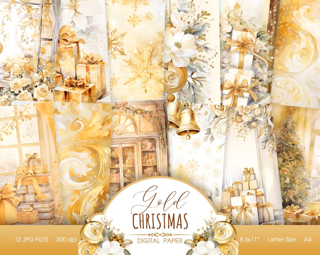 Gold Christmas Digital Paper, Winter Floral Scrapbook Paper and Vintage ...
