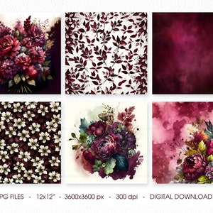 Burgundy Floral Digital Paper, Abstract Burgundy Watercolor Flowers ...