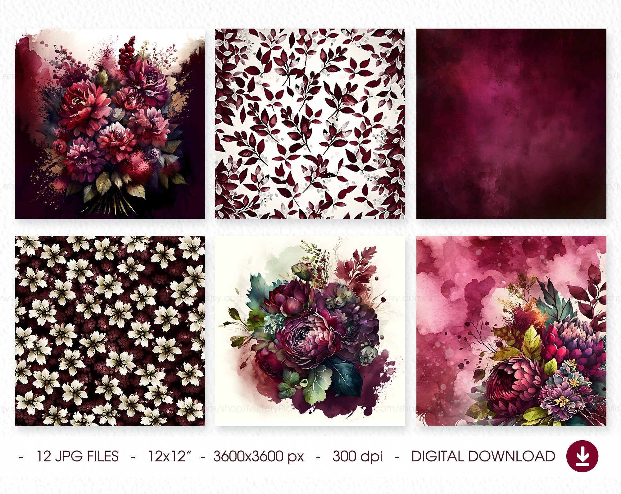 Burgundy Floral Digital Paper, Abstract Burgundy Watercolor Flowers ...