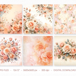 Peach Floral Digital Paper, Abstract Pastel Orange Watercolor Flowers ...