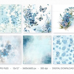 Dusty Blue Floral Watercolor Digital Paper, Abstract Blue Forget Me Not ...