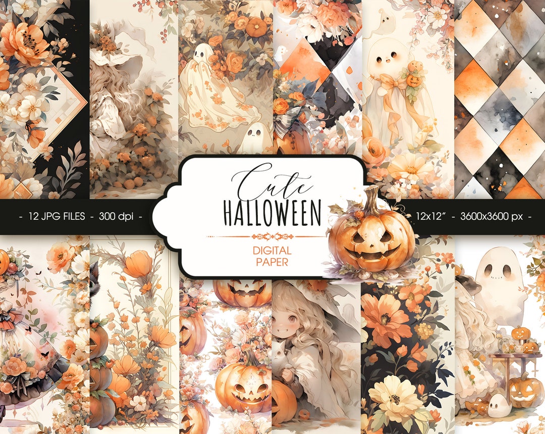 Vintage Halloween Digital Paper, Cute Halloween Watercolor Scrapbook ...