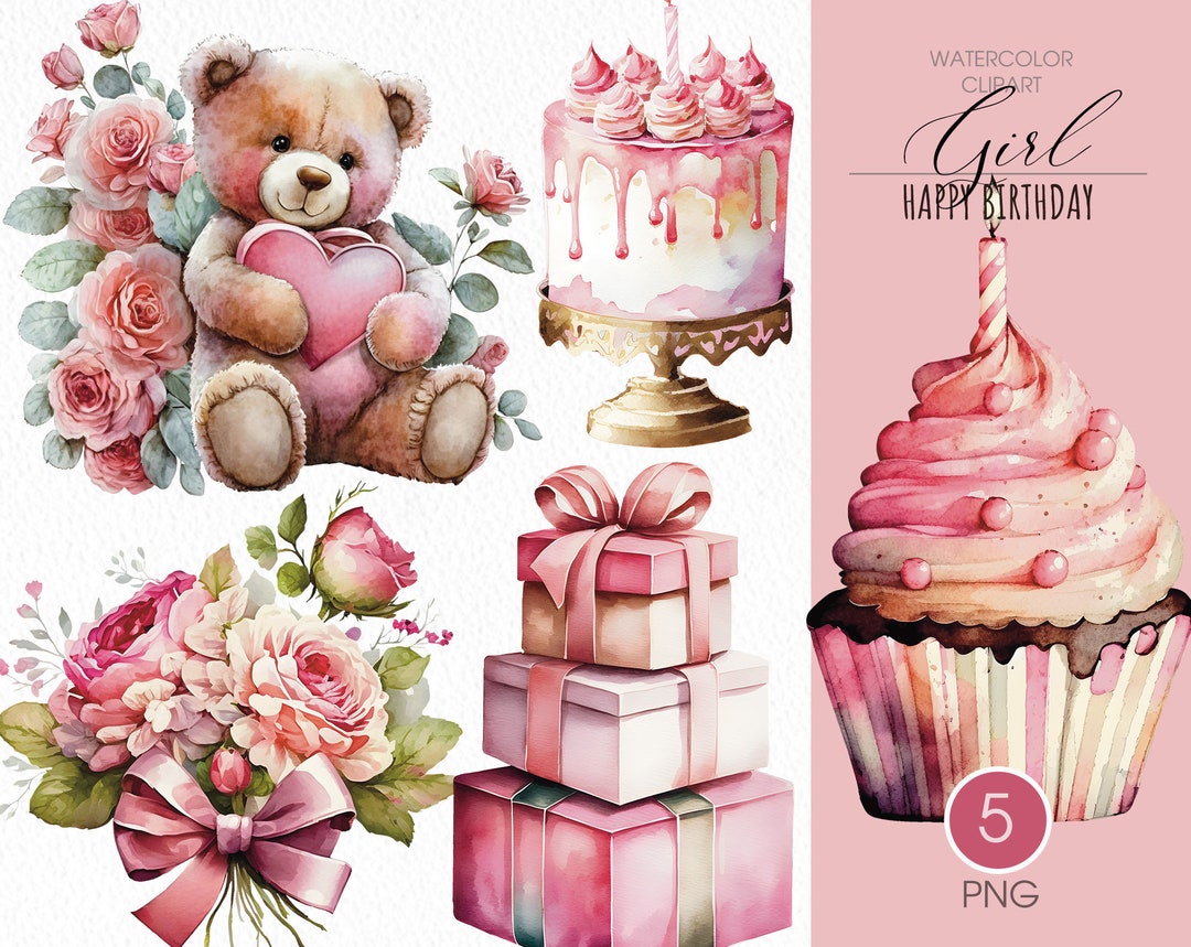 Pink Birthday PNG Clipart. Girl Birthday Watercolor Clipart. - Etsy