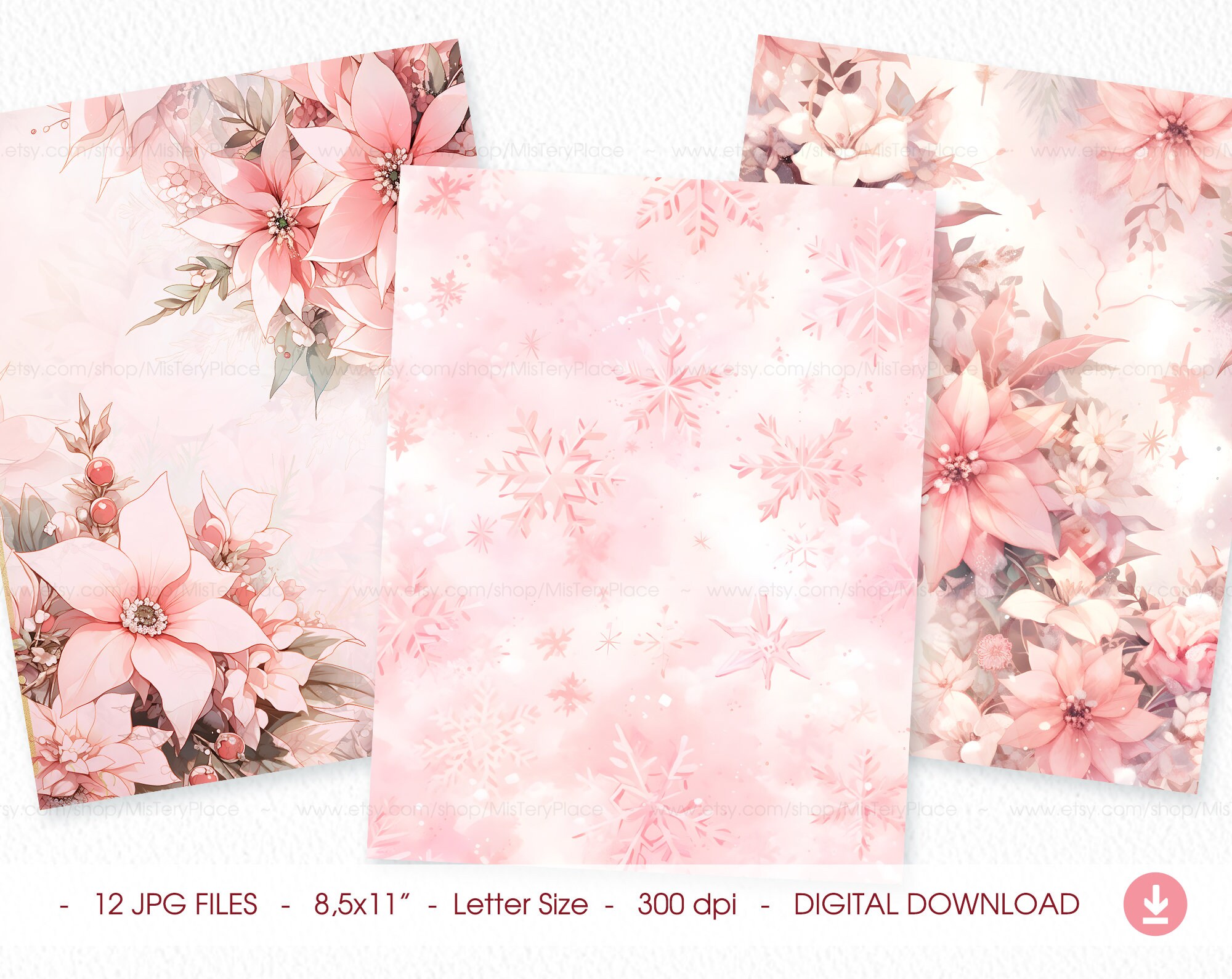 Pastel Pink Christmas Digital Paper, Winter Floral Scrapbook Paper and ...