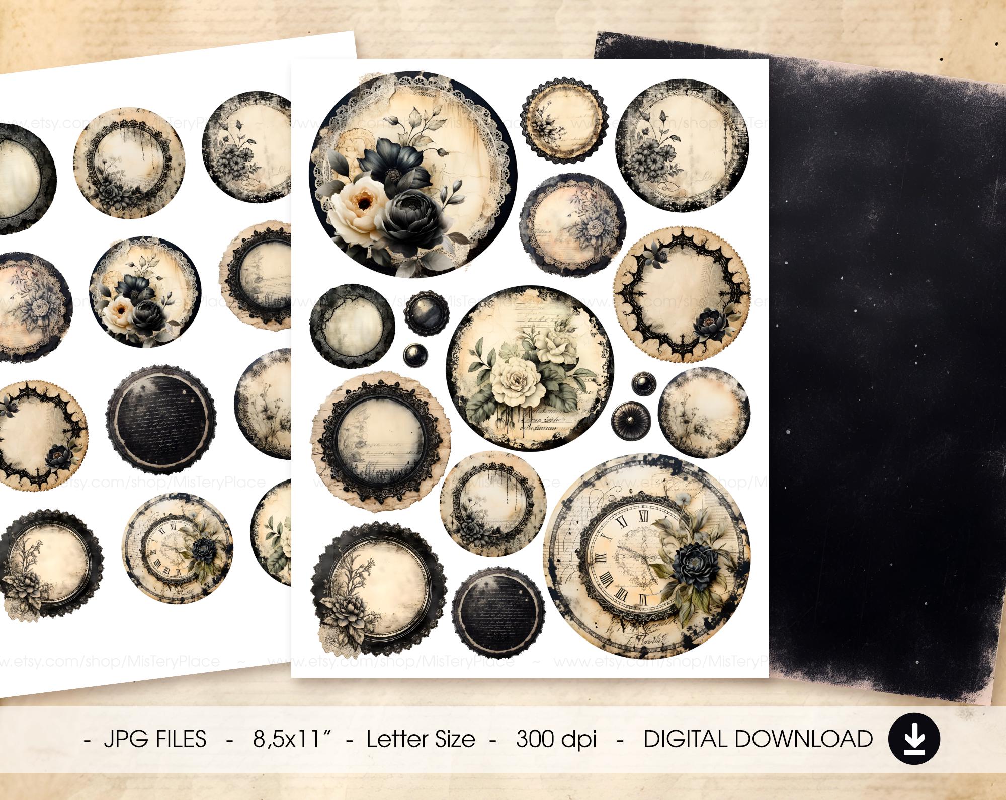 Black Shabby Chic Round Tags, Printable DIY Vintage Black Ephemera ...