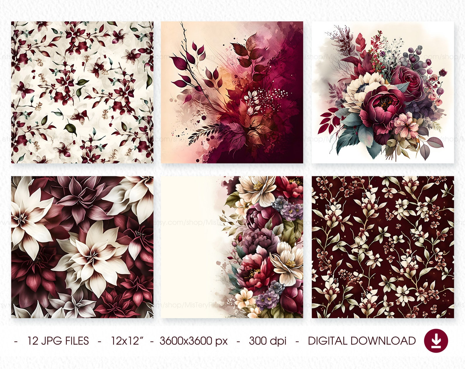 Burgundy Floral Digital Paper, Abstract Burgundy Watercolor Flowers ...