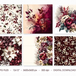 Burgundy Floral Digital Paper, Abstract Burgundy Watercolor Flowers ...