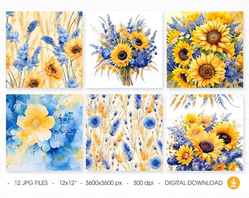 Sunflower Digital Paper, Yellow and Blue Floral Cottagecore Watercolor ...