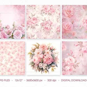 Pastel Pink Floral Digital Paper, Blush Rose Watercolor Scrapbook Paper ...