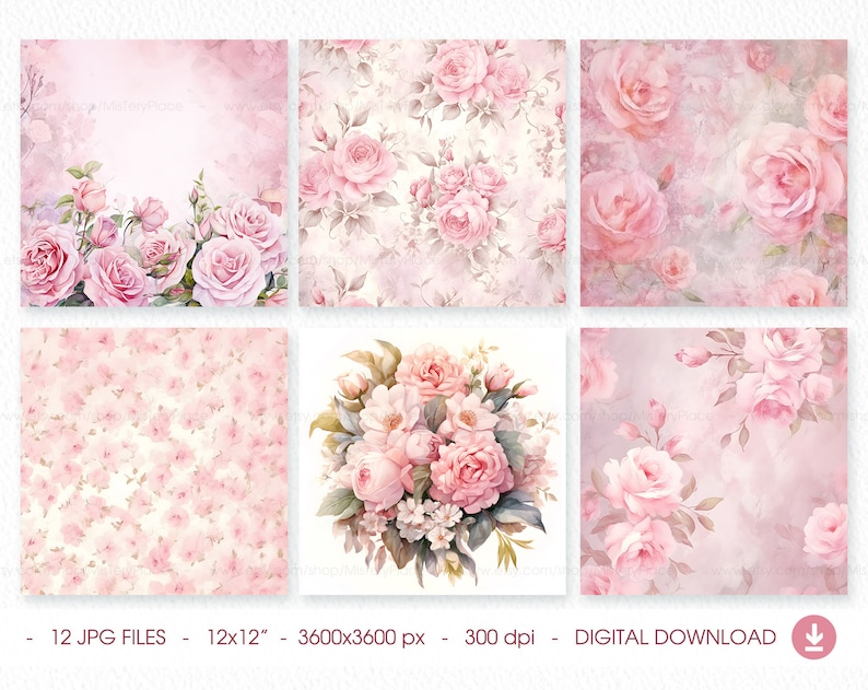 Pastel Pink Floral Digital Paper, Blush Rose Watercolor Scrapbook Paper ...