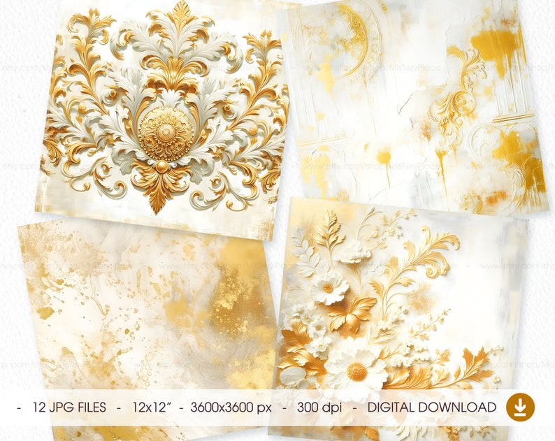 Victorian Gold Digital Paper, Shabby Chic Gold and White Damask ...