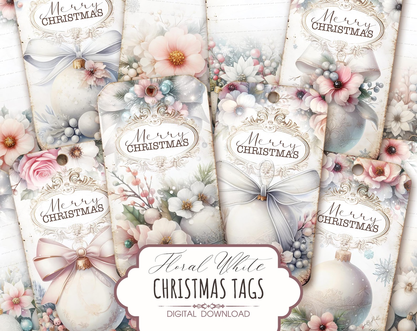 Vintage White Christmas Gift Tags, Printable DIY Pastel Christmas Decor ...