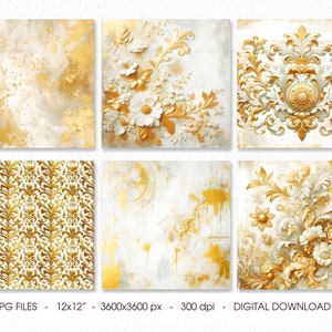 Victorian Gold Digital Paper, Shabby Chic Gold and White Damask ...